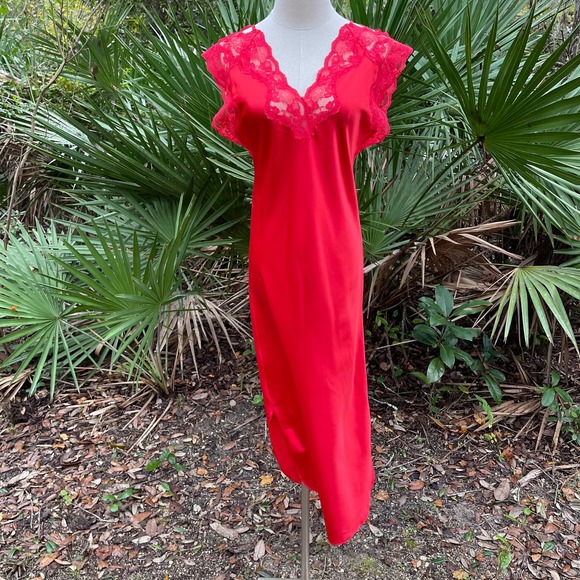 Vintage | Intimates & Sleepwear | Vintage 8s Red Satin Maxi Nightgown ...